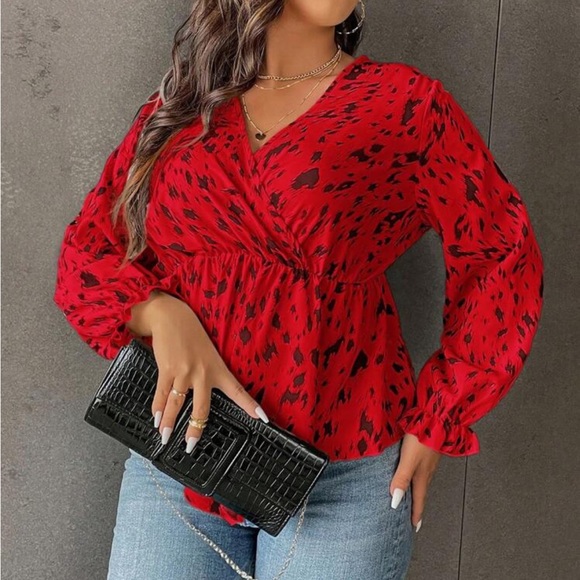 Tops | Plus Size Boho Red Leopard Print Surplice Peplum Top | Poshmark
